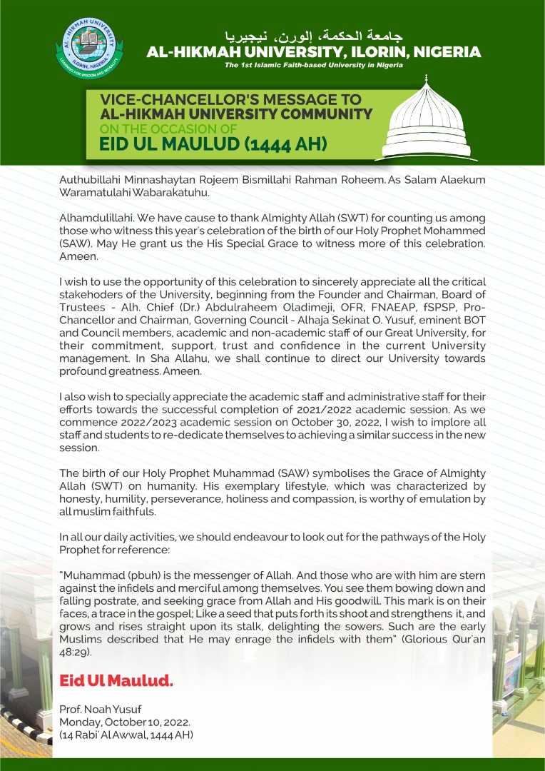VICE-CHANCELLOR’S MESSAGE TO AL-HIKMAH UNIVERSITY COMMUNITY ON THE OCCASION OF EID UL MAULUD ...