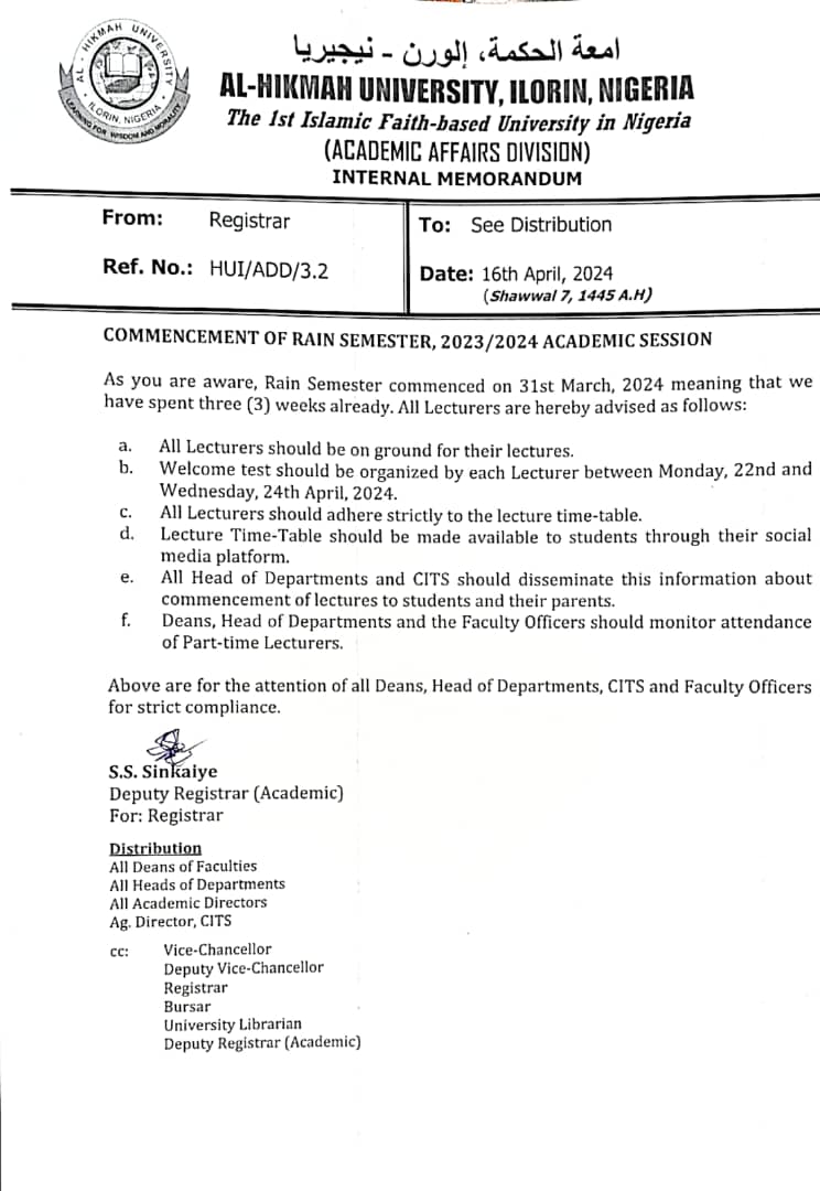 COMMENCEMENT OF RAIN SEMESTER, 2023/2024 ACADEMIC SESSION – Al-Hikmah University, Ilorin ...