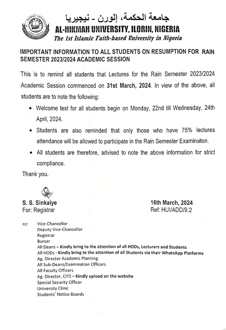 COMMENCEMENT OF RAIN SEMESTER, 2023/2024 ACADEMIC SESSION – Al-Hikmah University, Ilorin ...